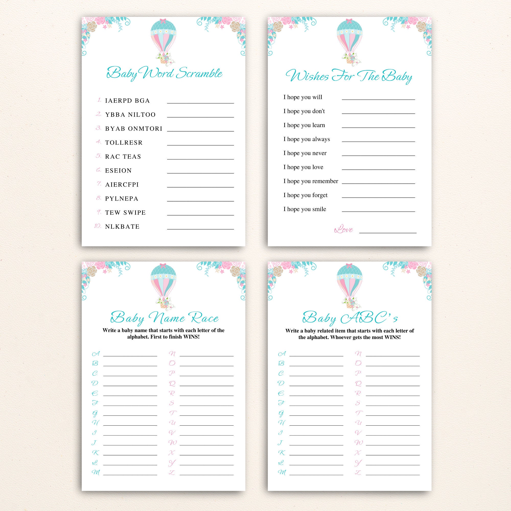 12 Printable Hot Air Balloon Gender Reveal Games: He or She Gender Reveal Games, Pink & Blue ...
