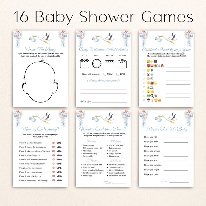 16 Printable Stork Baby Shower Games Blue Stork Theme Baby - Etsy