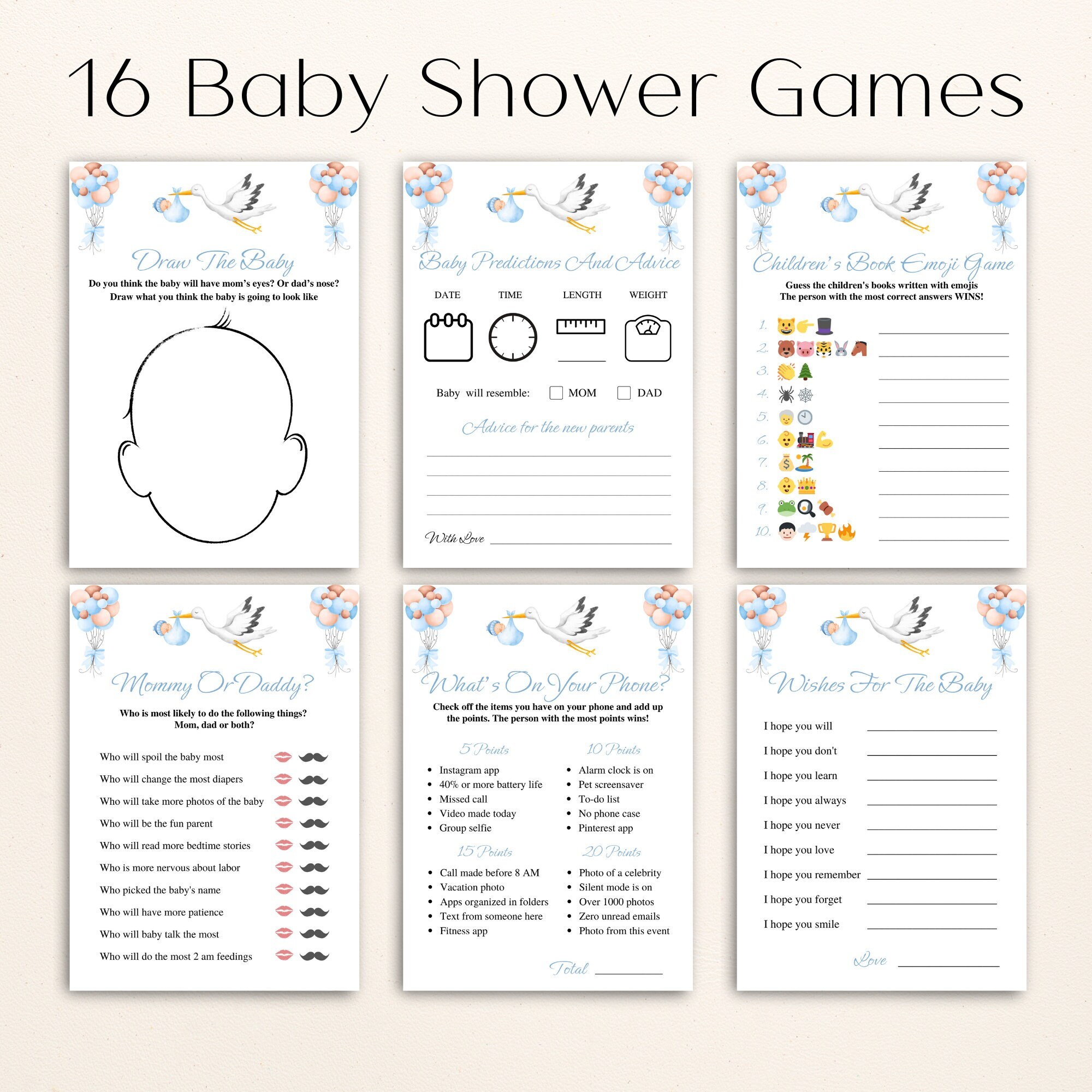 16 Printable Stork Baby Shower Games Blue Stork Theme Baby - Etsy