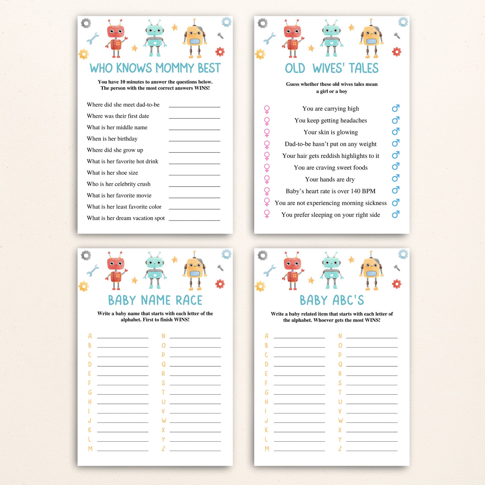16 Printable Robot Baby Shower Games 5x7'' Boy Baby Shower Game Bundle ...