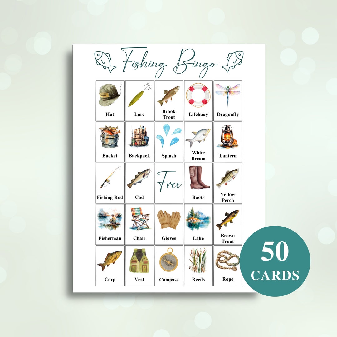 50 Printable Fishing Picture Bingo Cards, Fishing Bingo Cards, Fishing ...