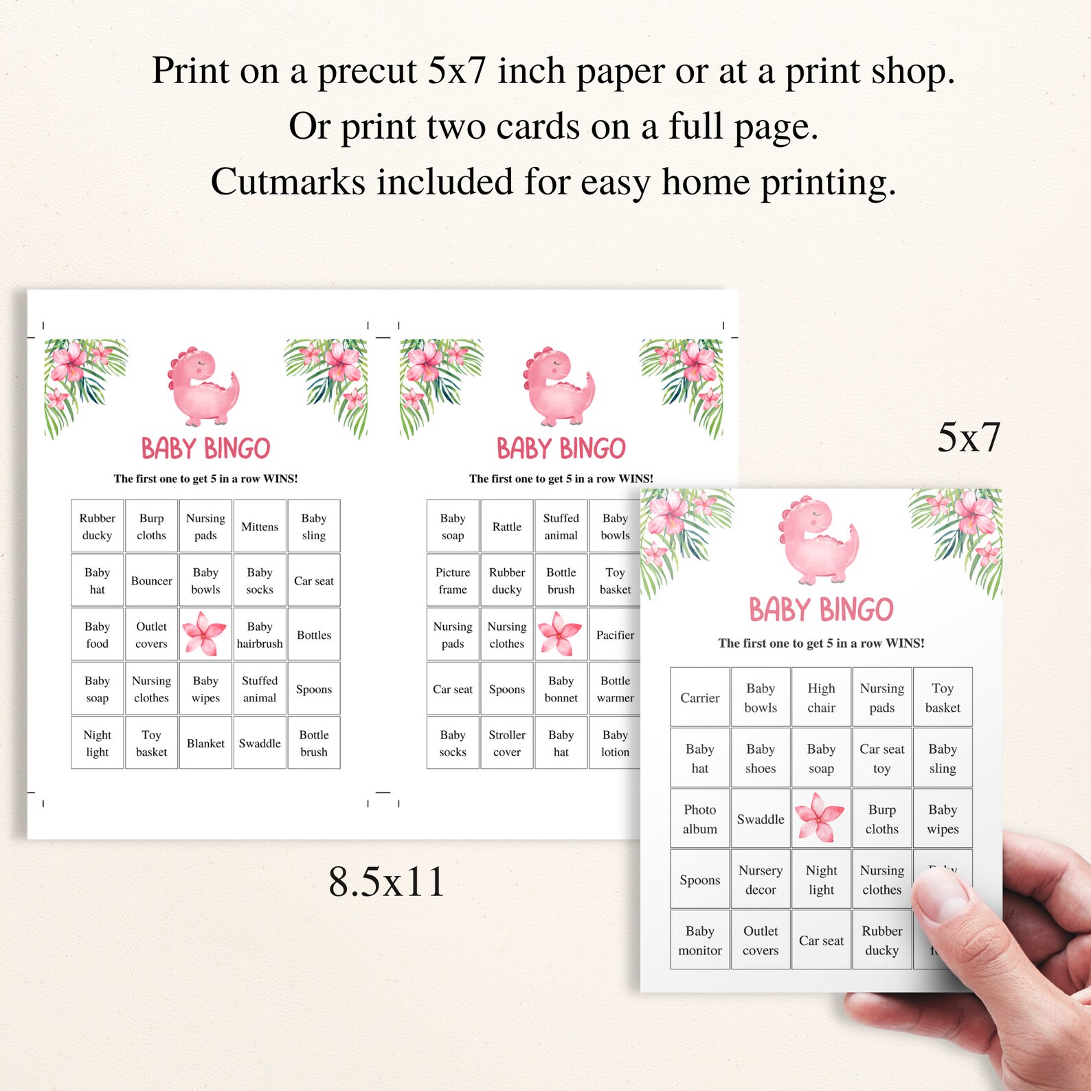 30 Printable Pink Dinosaur Baby Shower Bingo Cards 5x7'' Prefilled Baby ...