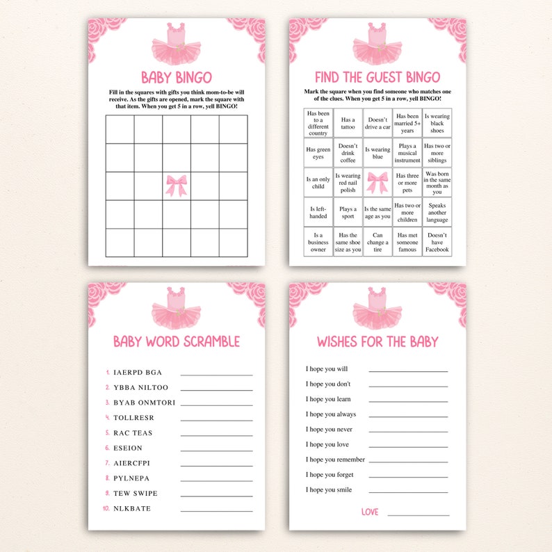16 Printable Tutu Baby Shower Game Bundle, Ballerina Baby Shower Games ...