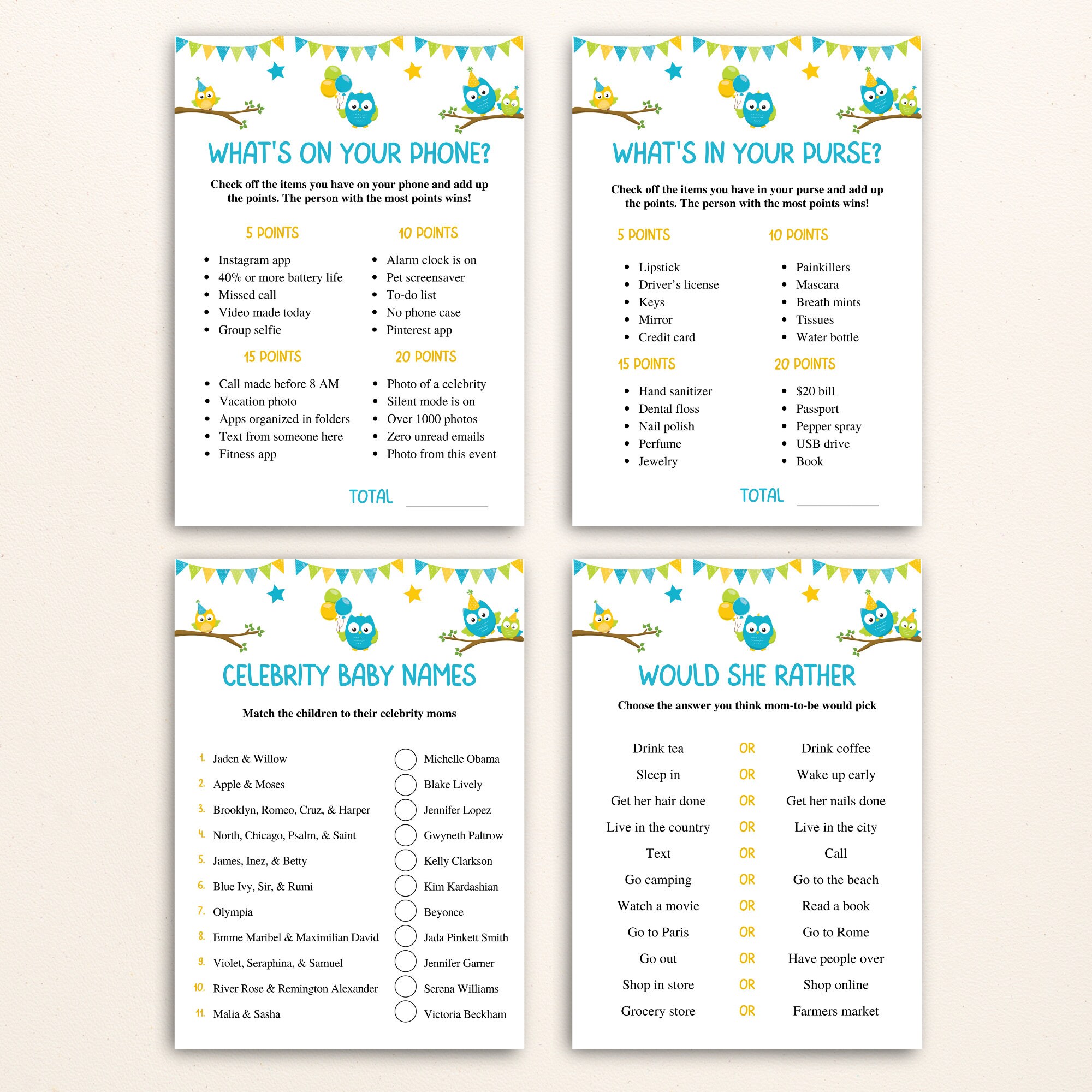16 Printable Owl Baby Shower Games Blue Owl Baby Shower Game - Etsy