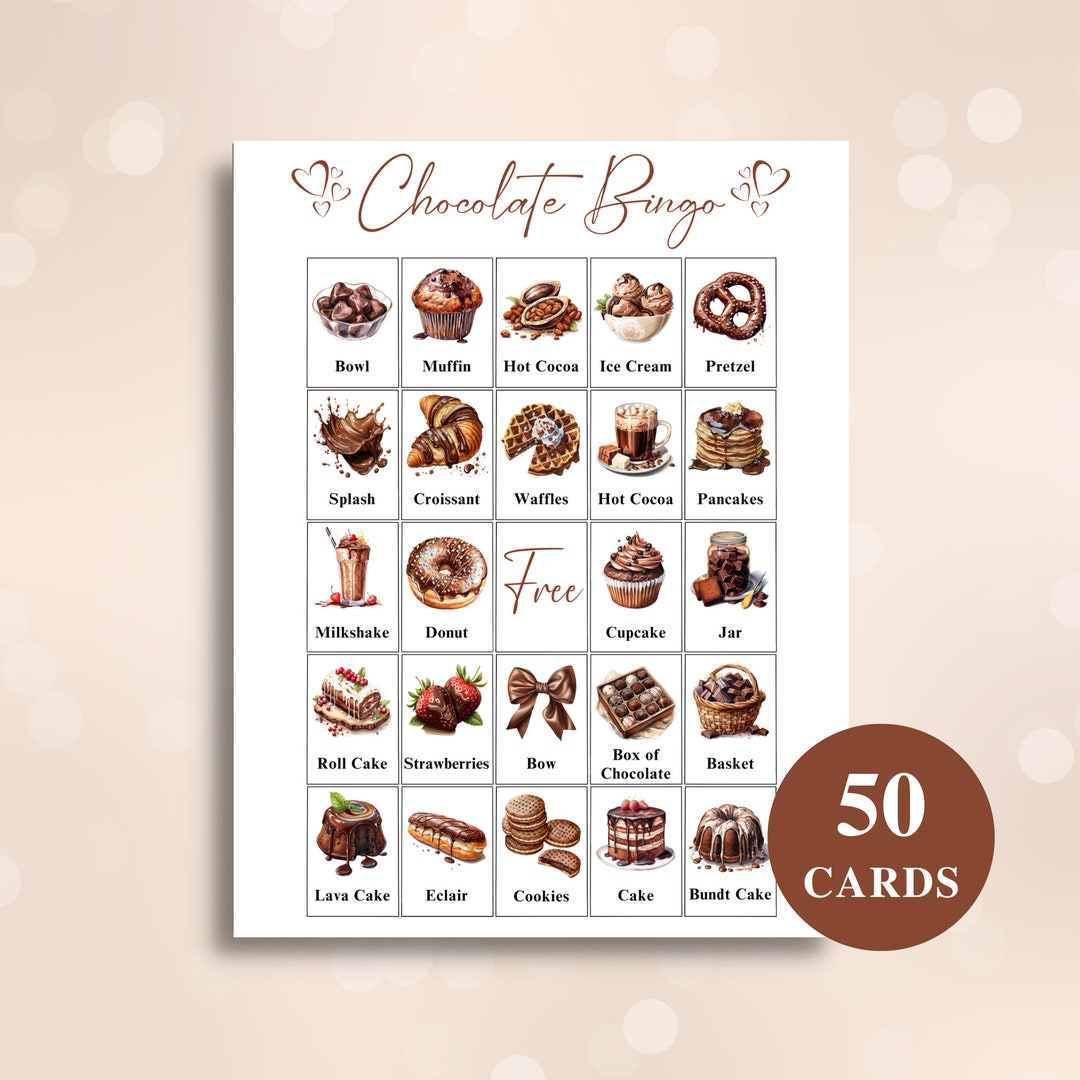 50 Printable Chocolate Bingo Cards | Chocolate Themed Picture Bingo ...