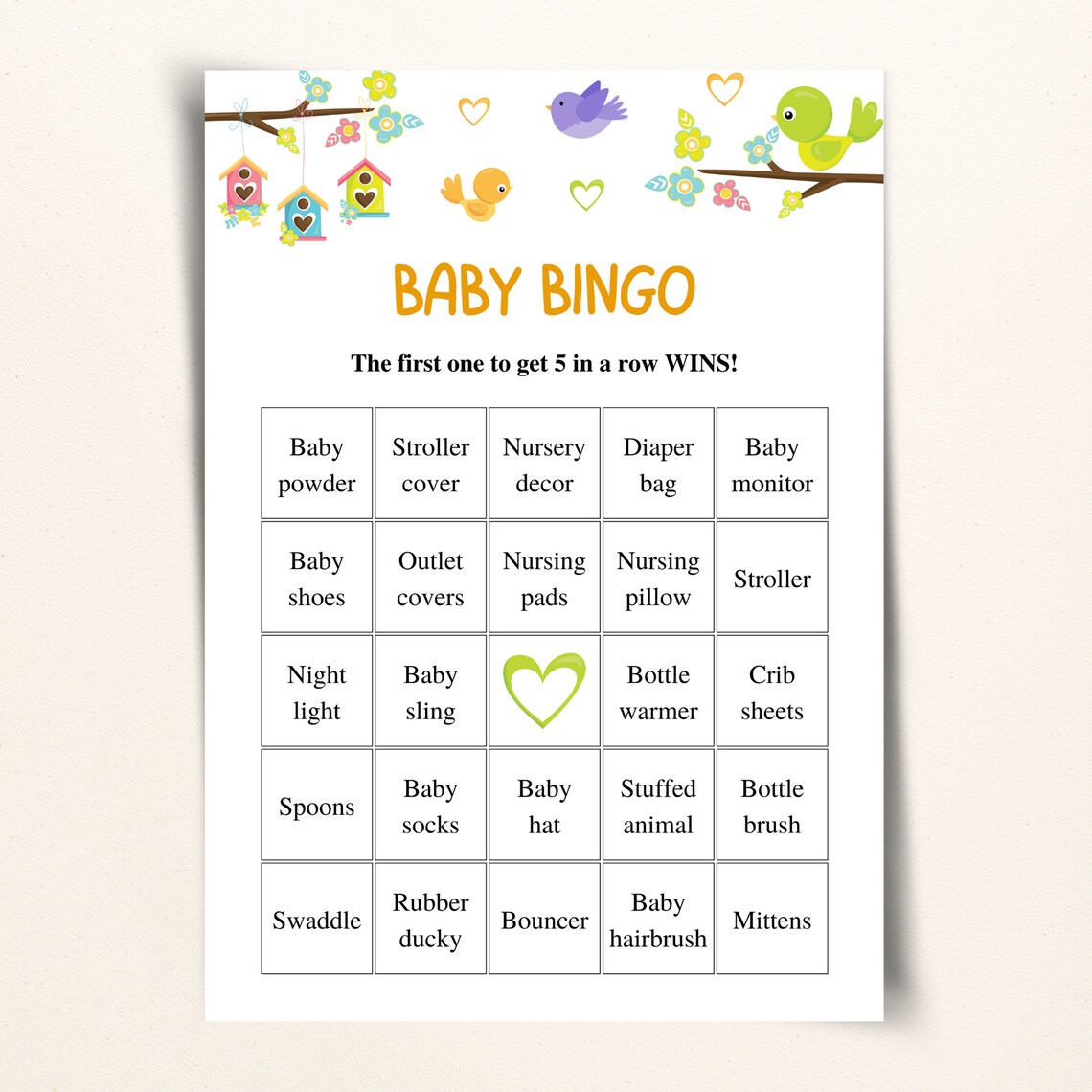 30 Printable Bird Baby Shower Bingo Cards 5x7'' Prefilled Baby Bingo ...