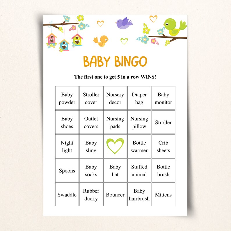 30 Printable Bird Baby Shower Bingo Cards 5x7'' Prefilled Baby Bingo ...