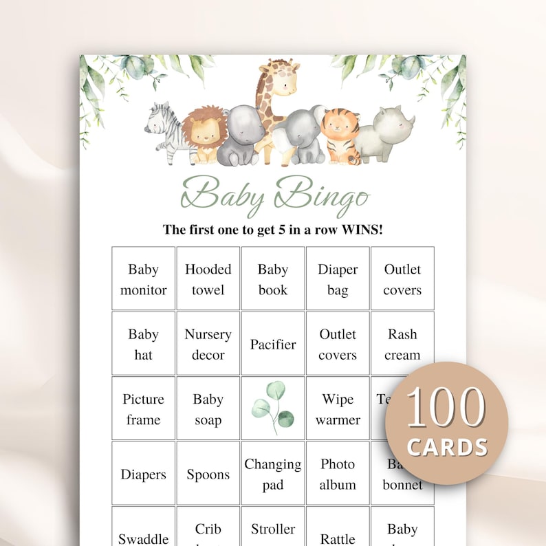 100 Printable Safari Baby Shower Bingo Cards, Prefilled Baby Gift Bingo ...