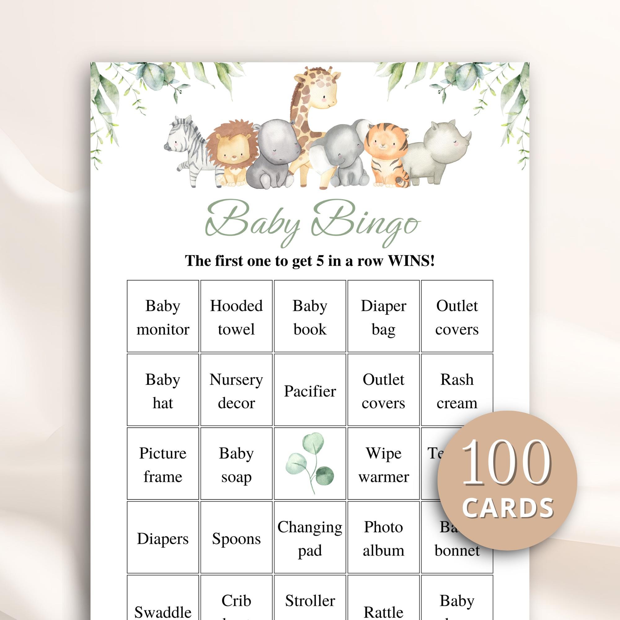 100 Printable Safari Baby Shower Bingo Cards, Prefilled Baby Gift Bingo ...