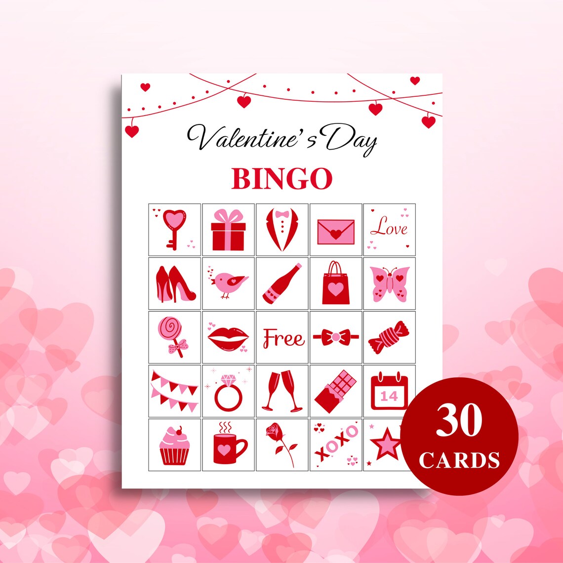 30 Printable Valentine's Day Bingo Cards Valentine's Day Games ...