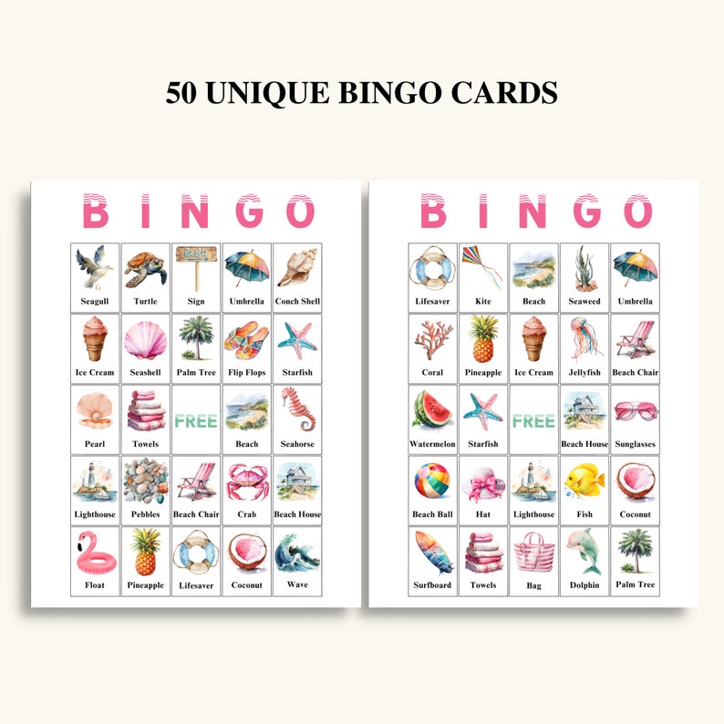 50 Printable Beach Picture Bingo Cards, Beach Birthday Party Games ...
