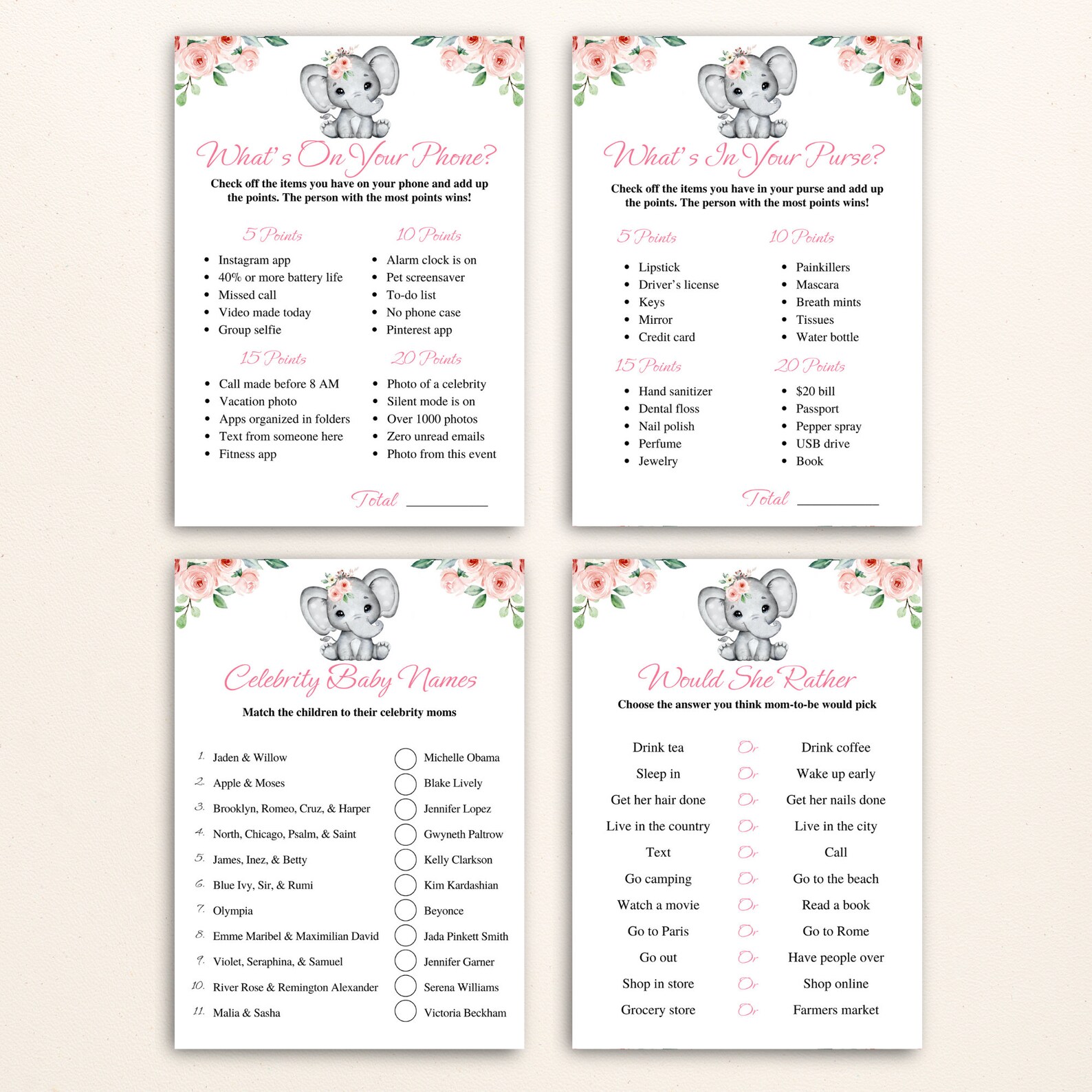 16 Printable Elephant Baby Shower Games, Floral Elephant Baby Shower ...