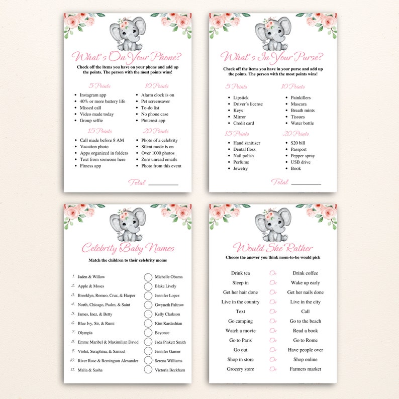 16 Printable Elephant Baby Shower Games, Floral Elephant Baby Shower ...