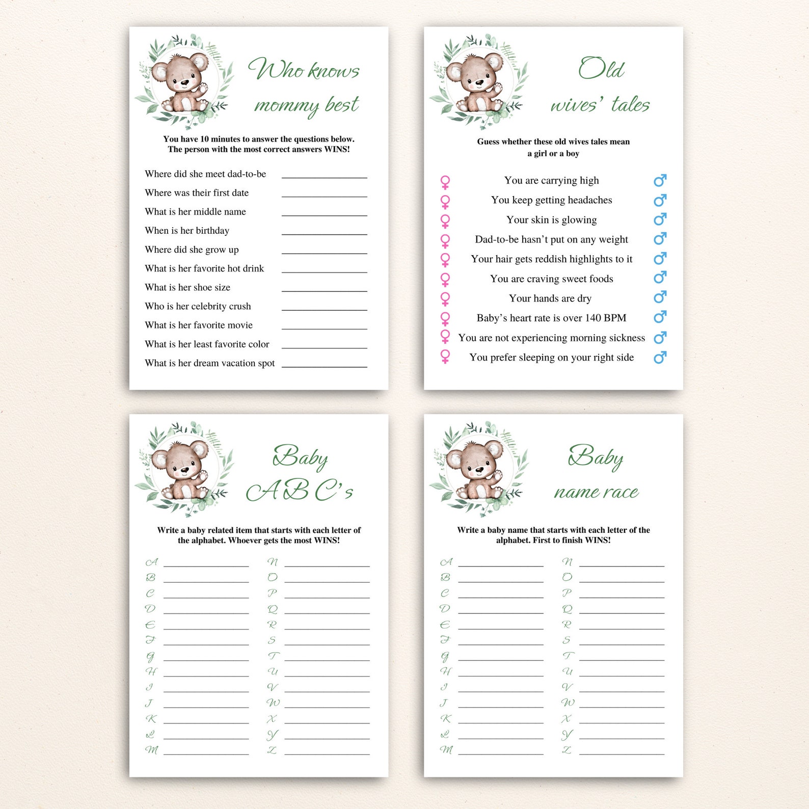 16 Printable Teddy Bear Baby Shower Games, Baby Shower Teddy Bear Themed Game Bundle, Greenery ...