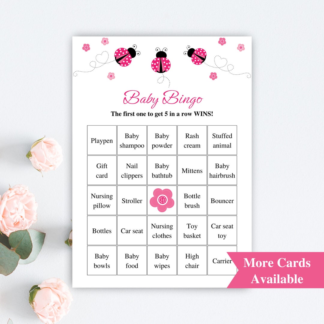 30 Printable Pink Ladybug Baby Shower Bingo Cards | 5x7'' Prefilled ...