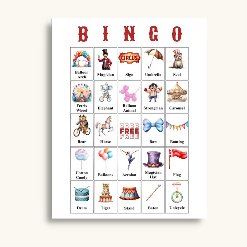 50 Printable Circus Bingo Cards, Carnival Picture Bingo, Circus ...