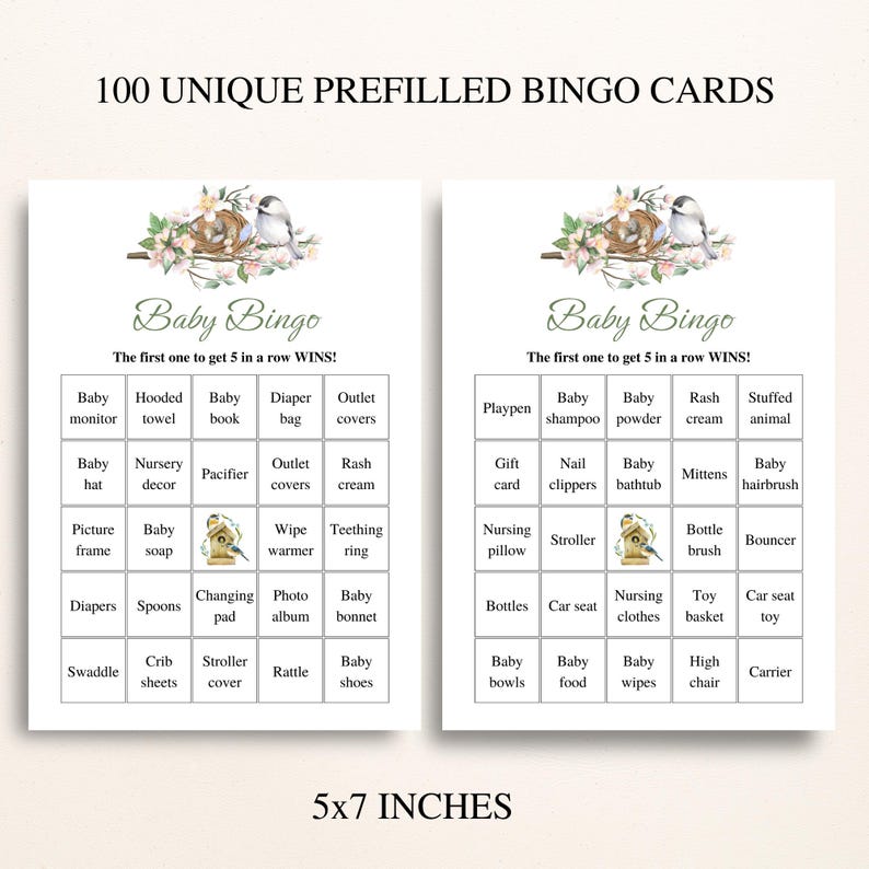 100 Printable Bird Baby Shower Bingo Cards: Prefilled Gift Bingo, Bird ...