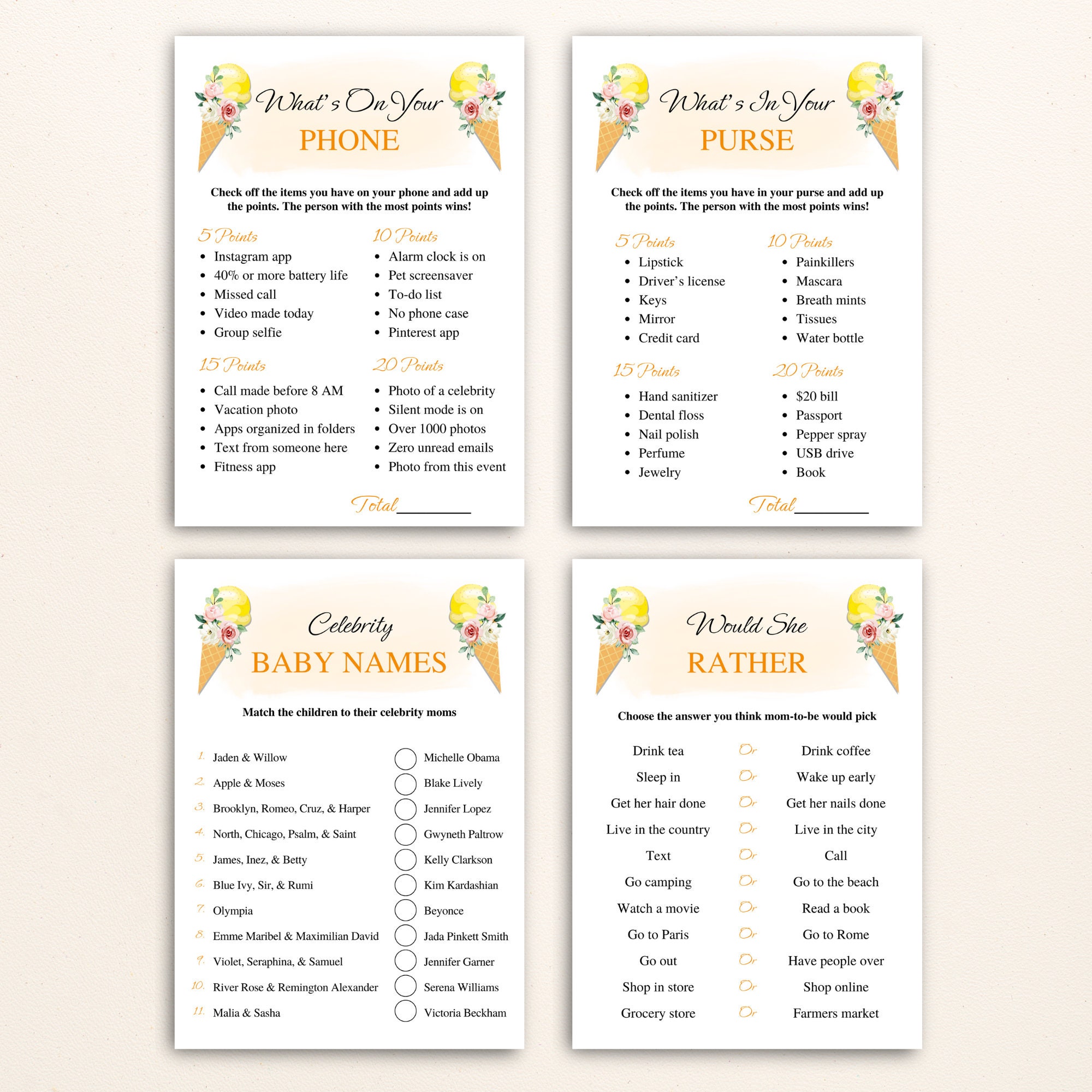 16 Printable Ice Cream Baby Shower Games, Heres the Scoop Baby Shower ...