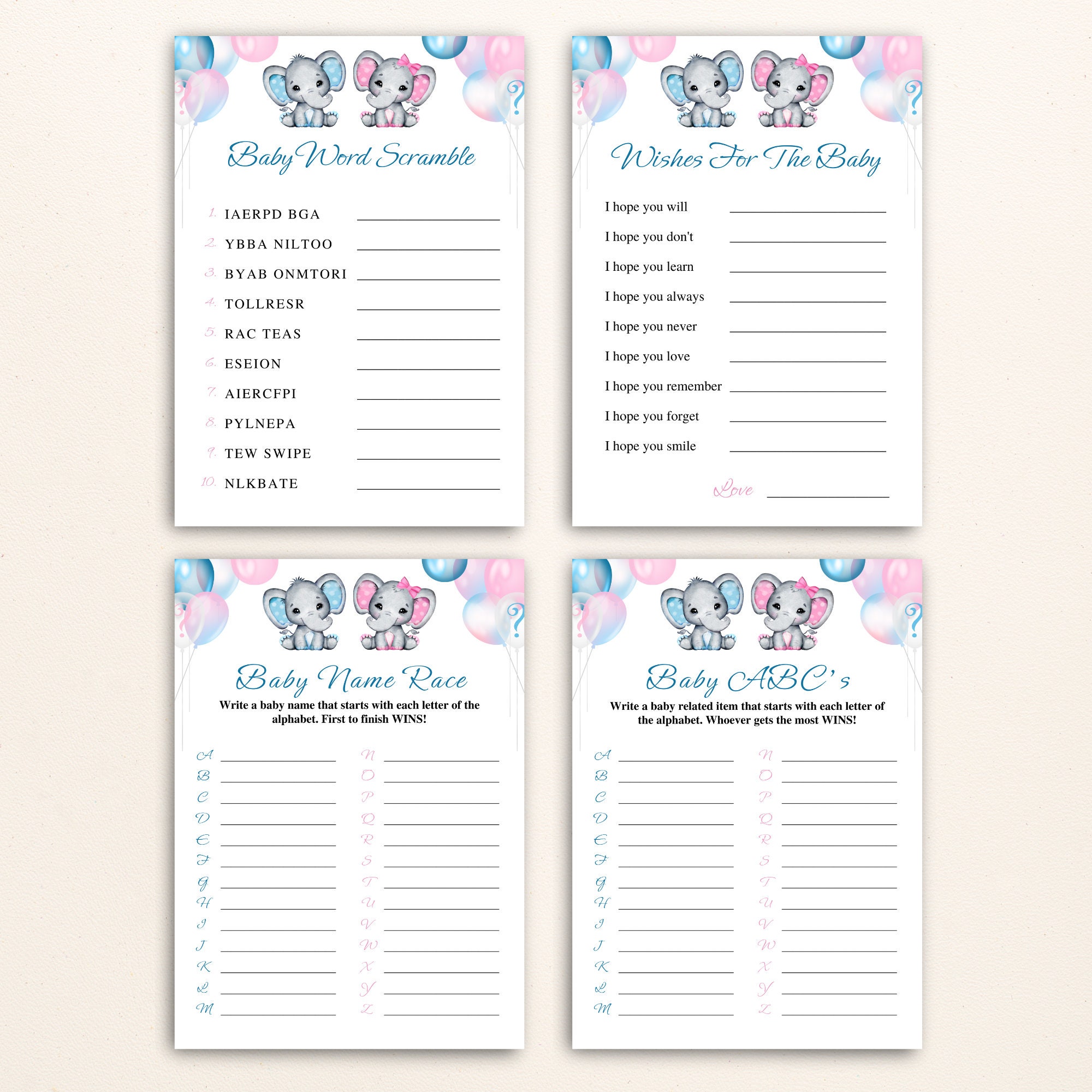 12 Printable Elephant Gender Reveal Games: He or She What Will Baby Be ...