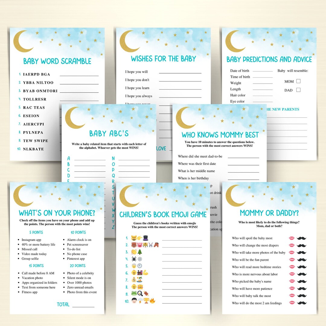 8 Printable Moon and Stars Baby Shower Games Blue Twinkle Twinkle ...