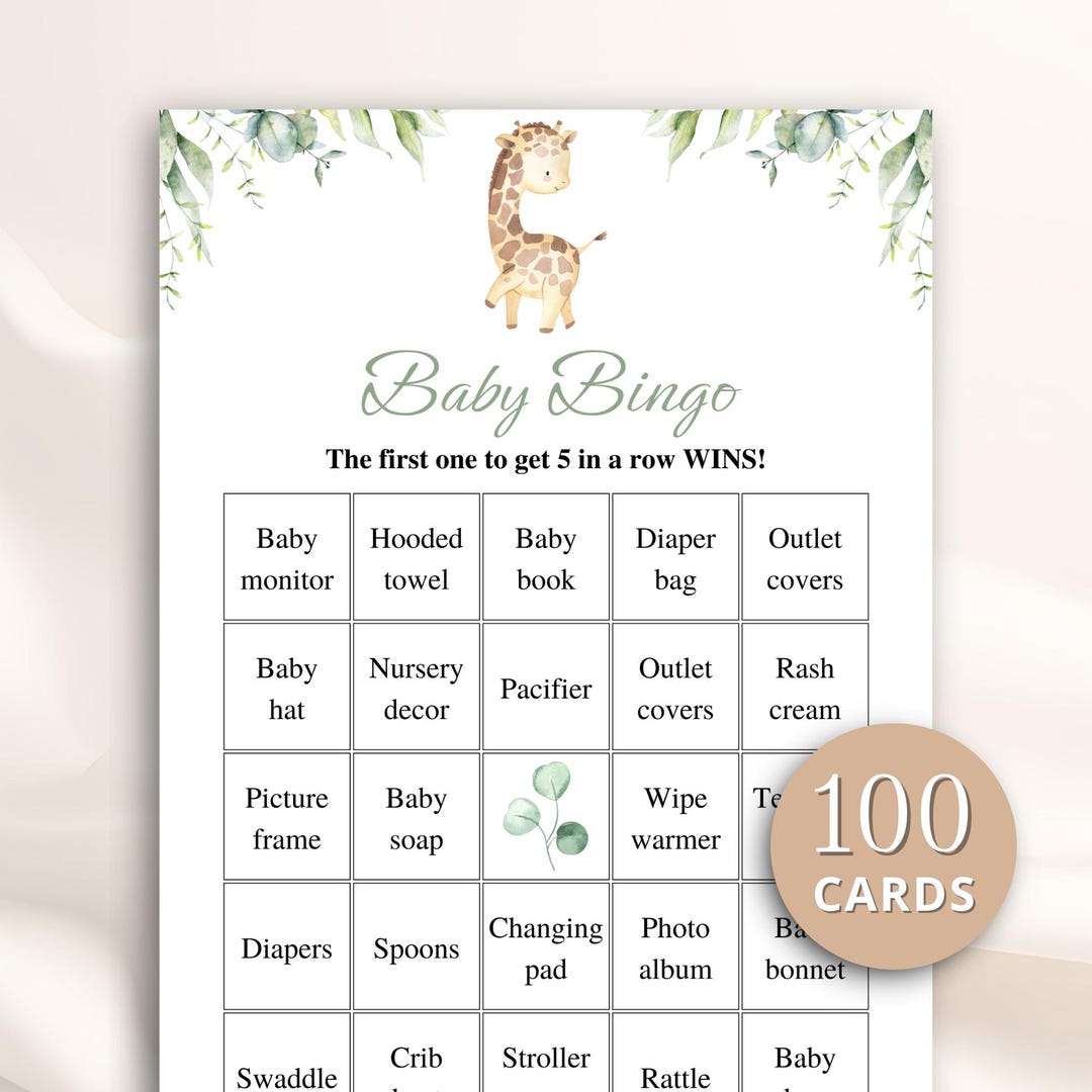 100 Printable Giraffe Baby Shower Bingo Cards, Prefilled Baby Gift ...