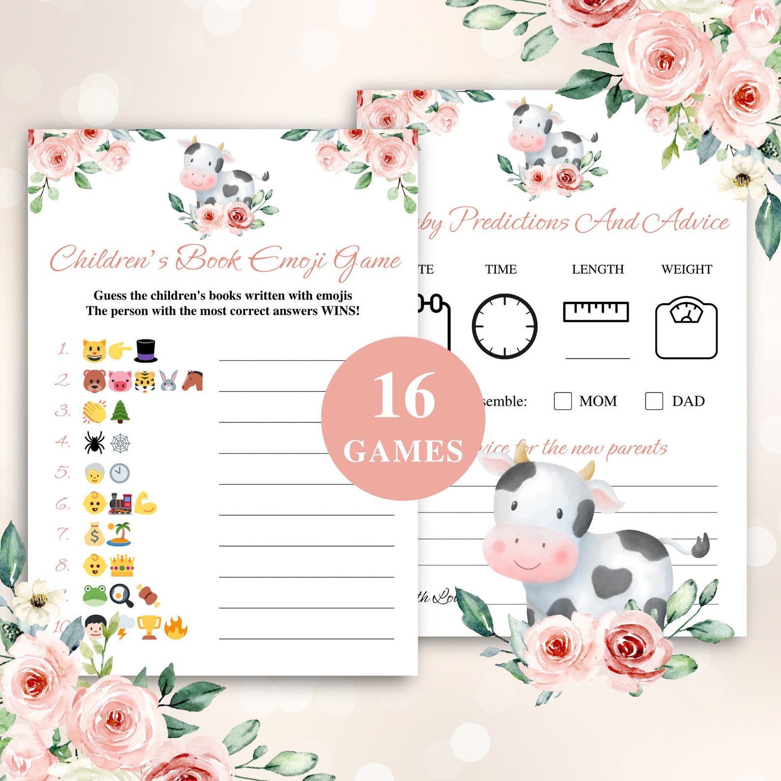 16 Printable Cow Themed Baby Shower Games, 5x7 Cow Baby Shower Games ...