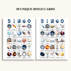 50 Printable Outer Space Bingo Cards | Astronaut Picture Bingo | Space ...