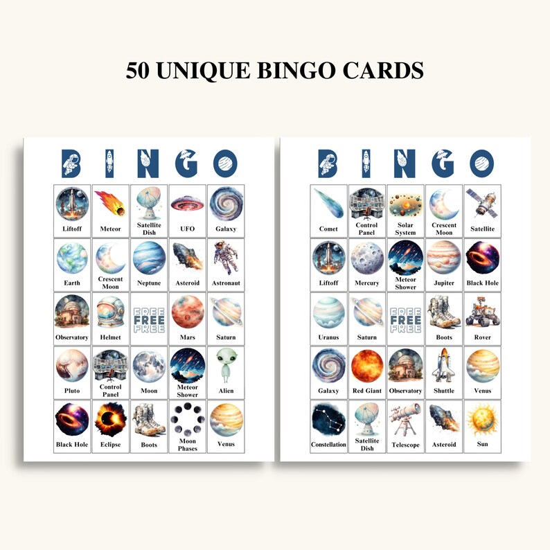 50 Printable Outer Space Bingo Cards Astronaut Picture Bingo Space ...