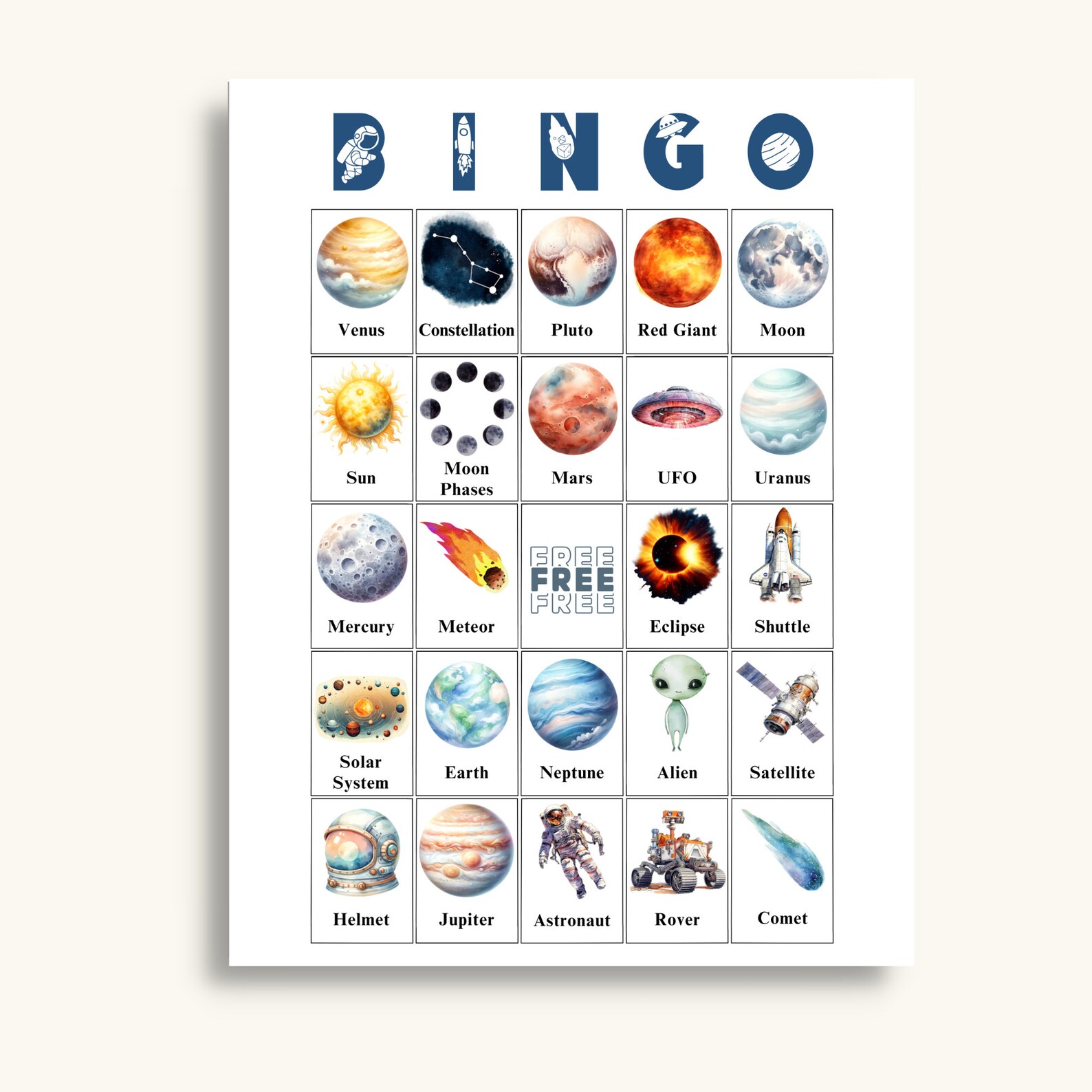 50 Printable Outer Space Bingo Cards Astronaut Picture Bingo Space ...
