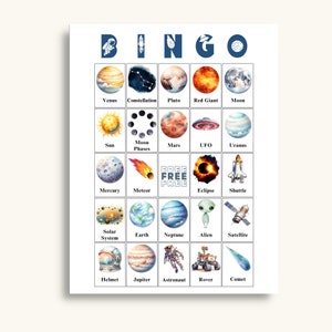 50 Printable Outer Space Bingo Cards | Astronaut Picture Bingo | Space ...