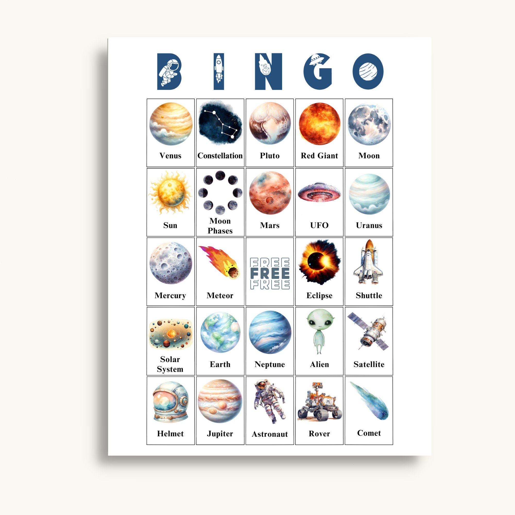 50 Printable Outer Space Bingo Cards Astronaut Picture Bingo Space ...
