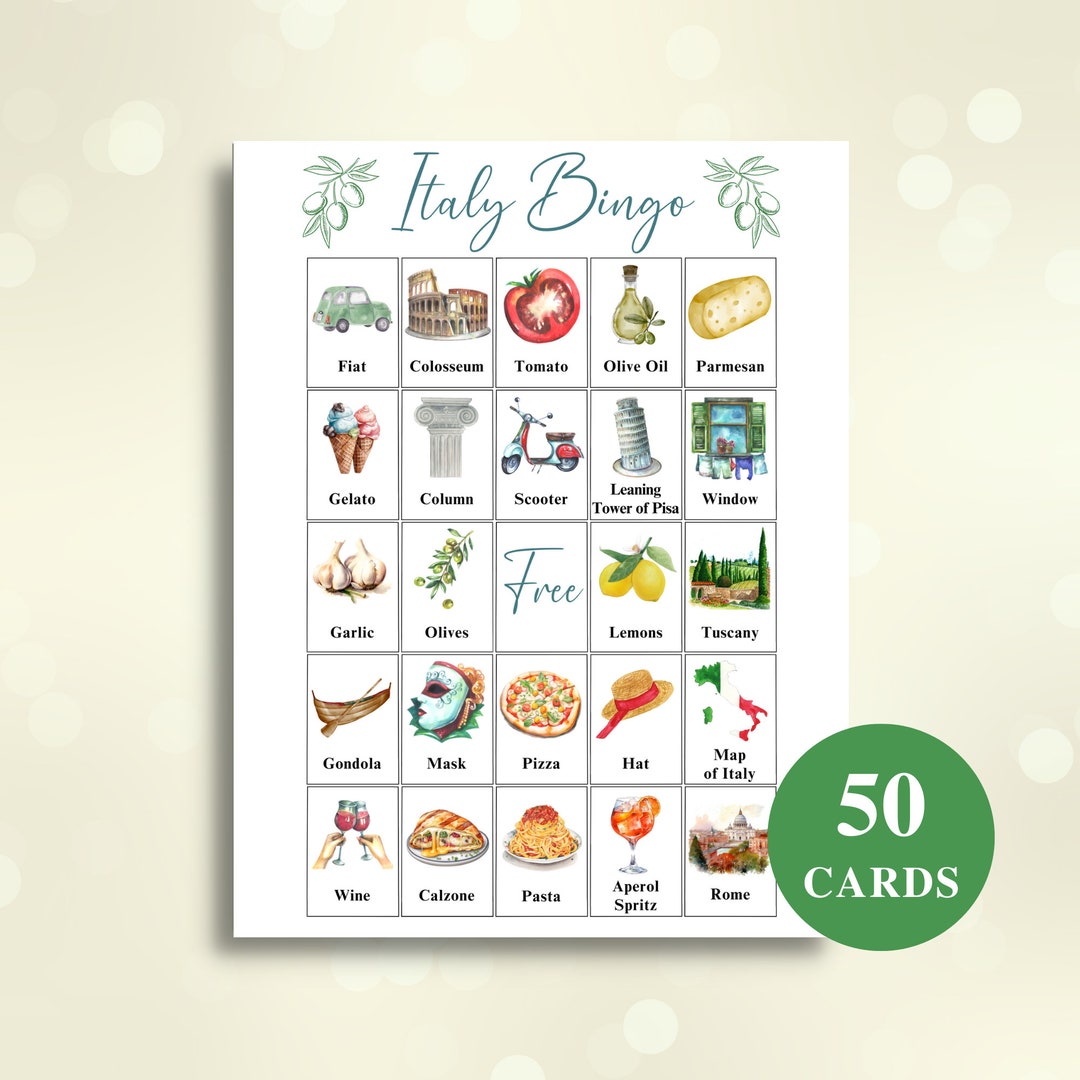 50 Printable Italy Picture Bingo Cards: Italian Bridal Shower Games, 8 ...