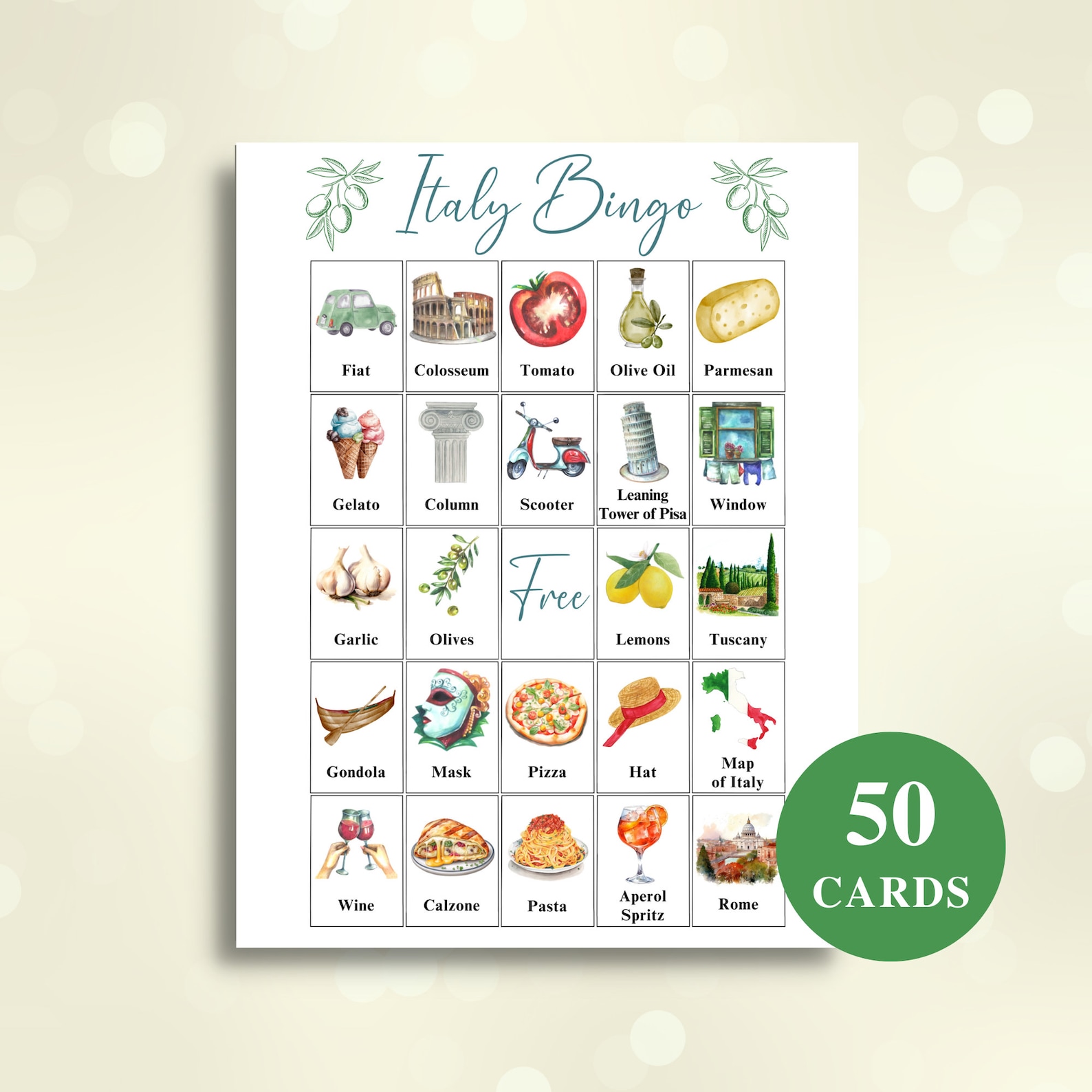 50 Printable Italy Picture Bingo Cards, Italian Bridal Shower Games ...