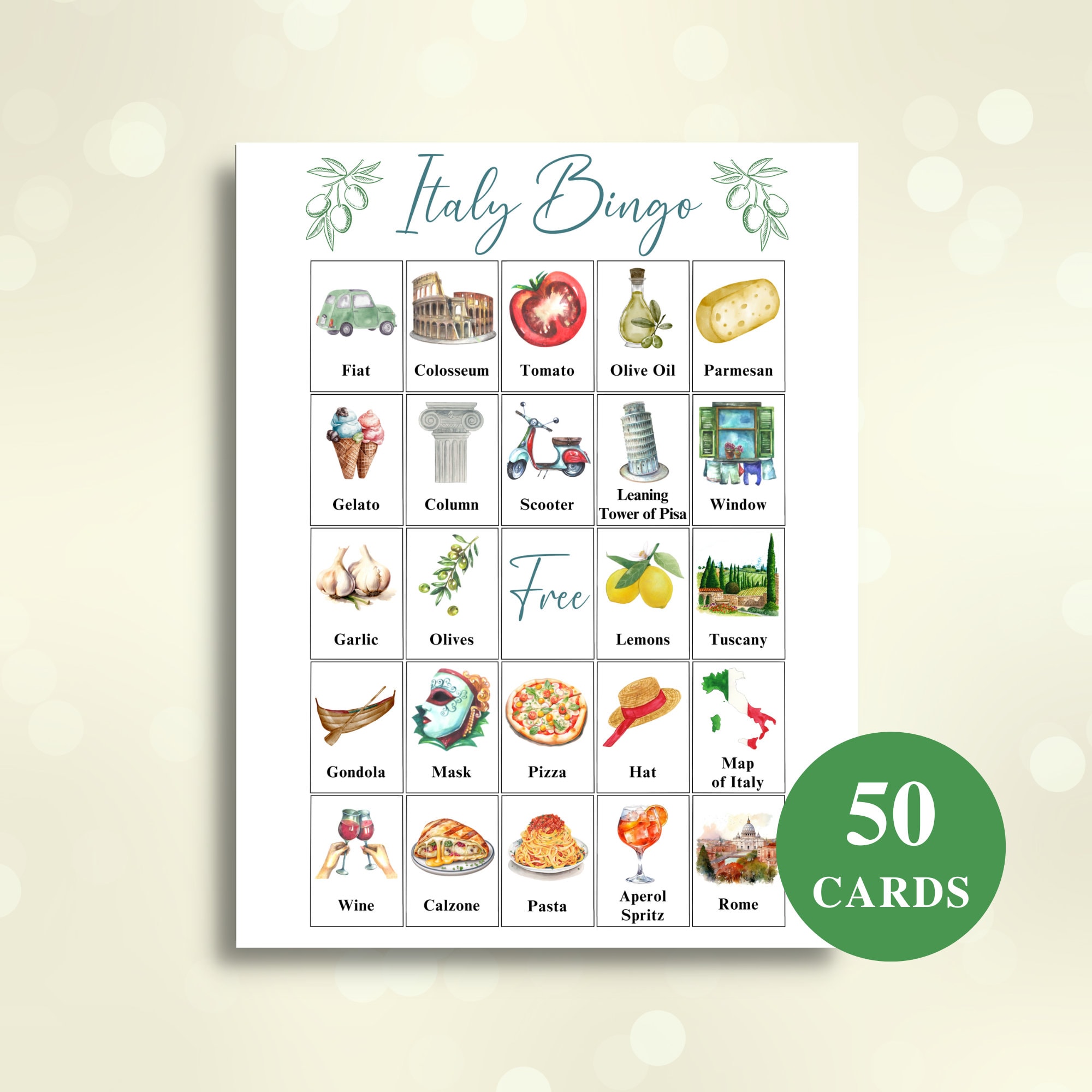 50 Printable Italy Bingo Cards Italy Themed Picture Bingo Italian Bingo ...