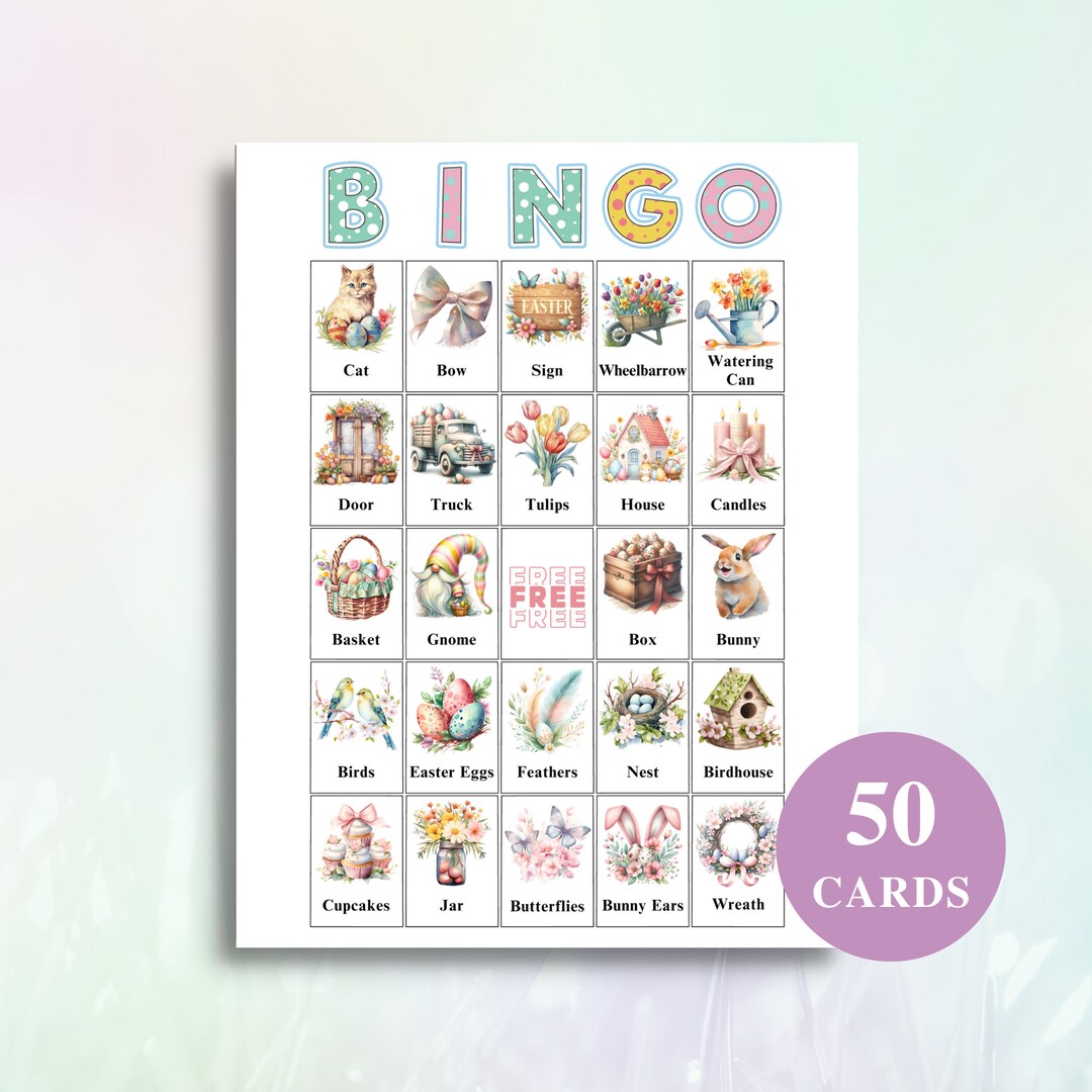 50 Printable Easter Bingo Cards, Easter Picture Bingo, Fun Easter Games ...