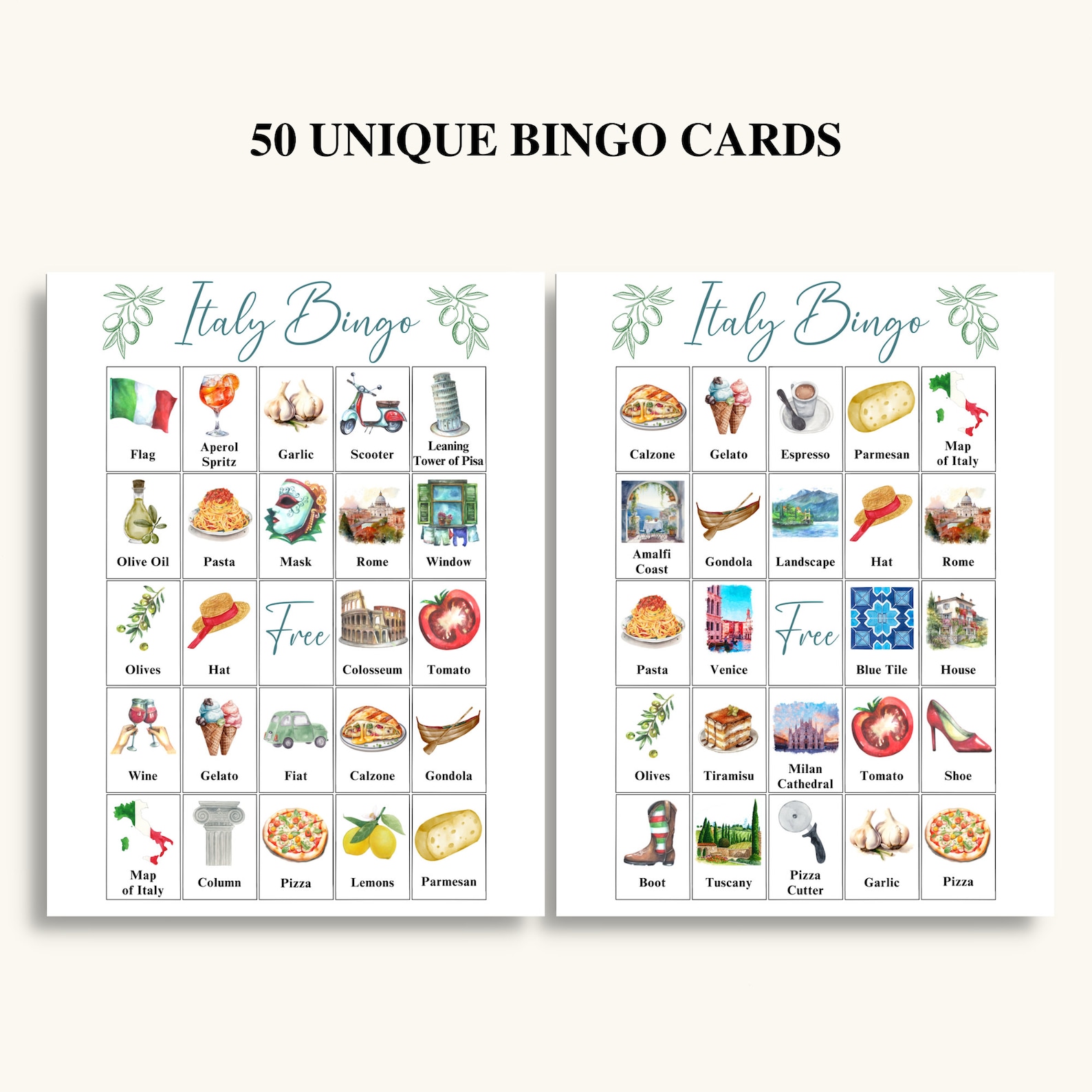 50 Printable Italy Picture Bingo Cards, Italian Bridal Shower Games ...