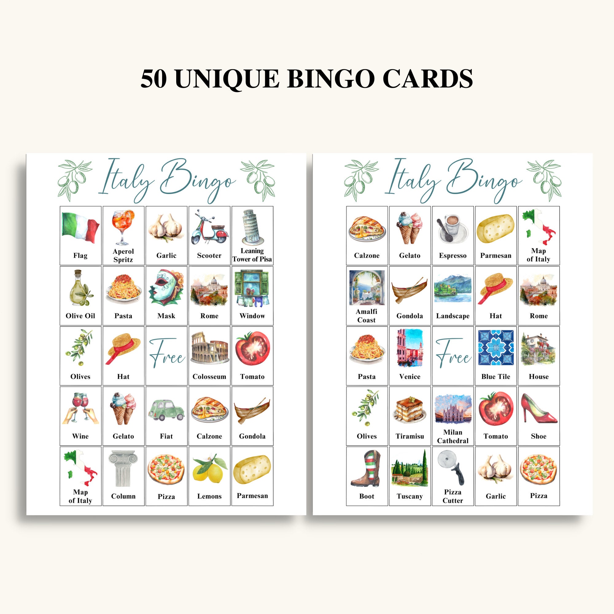 50 Printable Italy Bingo Cards Italy Themed Picture Bingo Italian Bingo ...