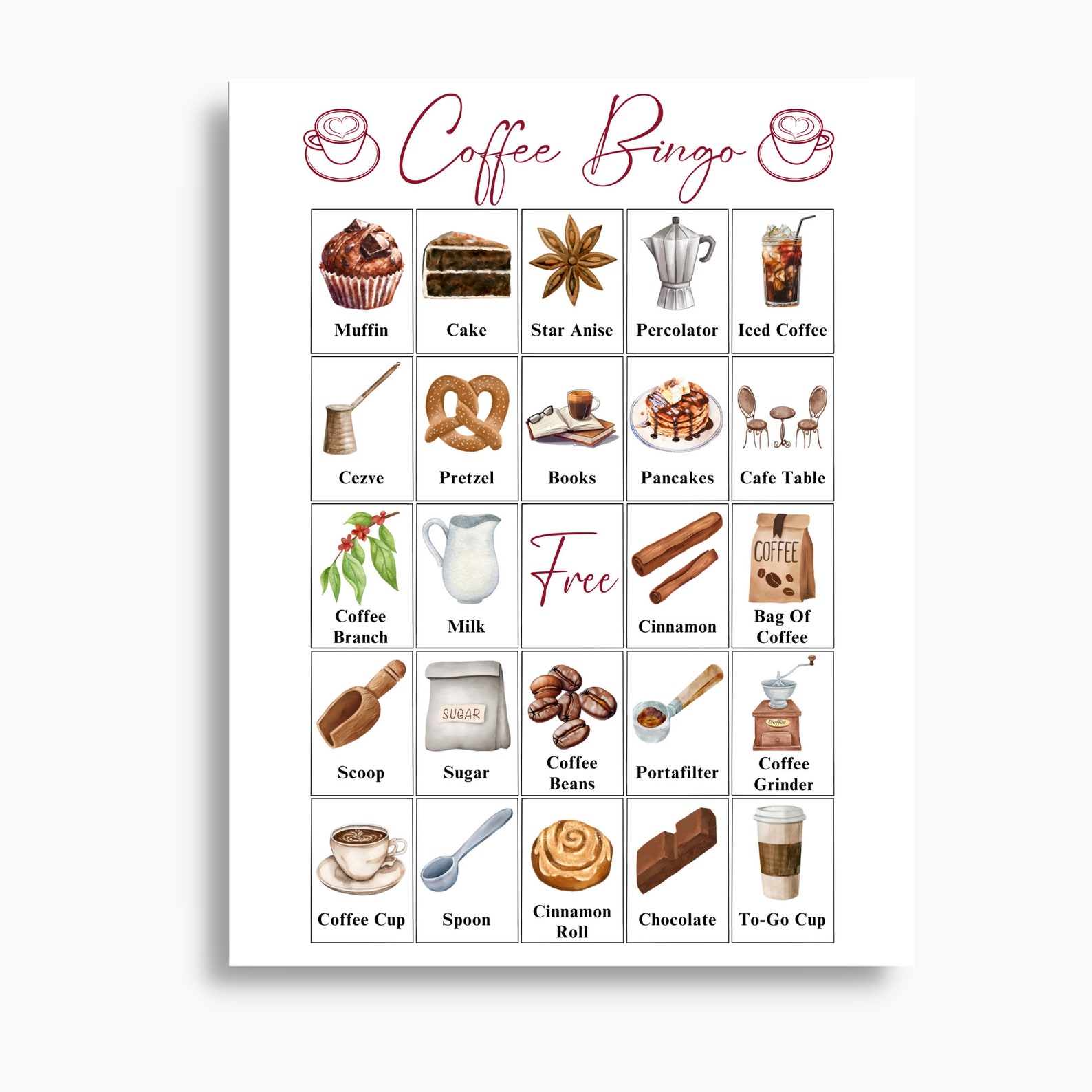 50 Printable Coffee Picture Bingo Cards, Coffee Bingo Cards, Coffee ...