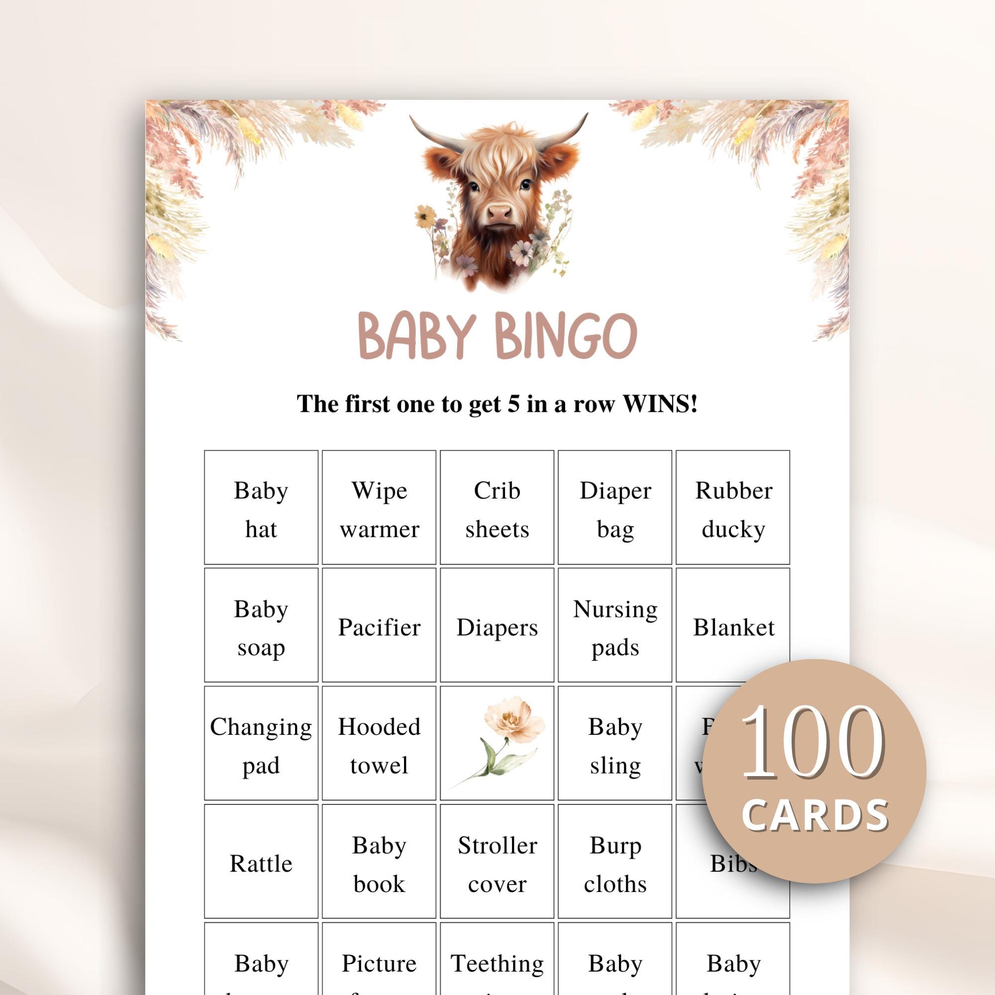 100 Printable Highland Cow Baby Shower Bingo Cards, Prefilled Baby ...