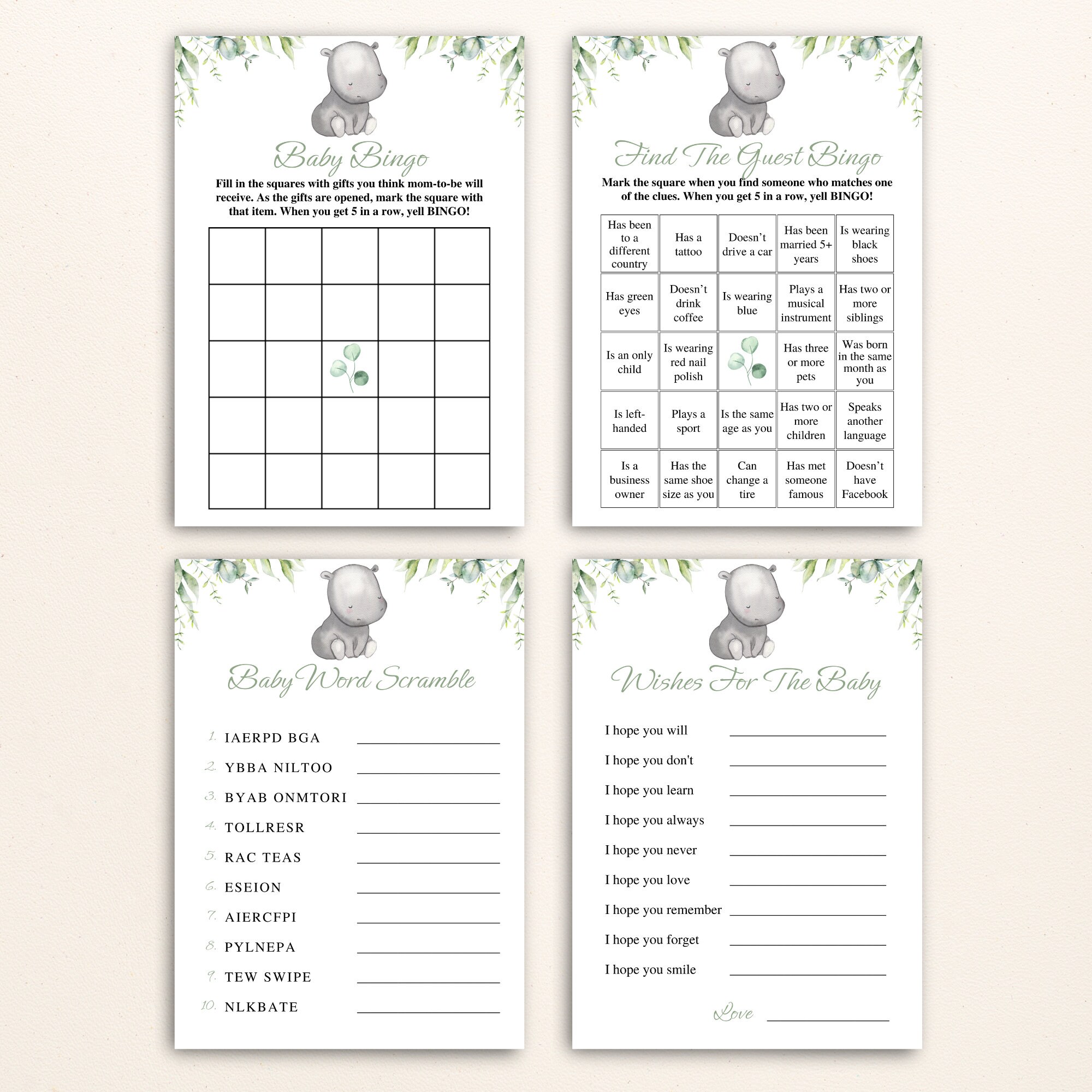 16 Printable Hippo Baby Shower Games Jungle Baby Shower Game Bundle ...