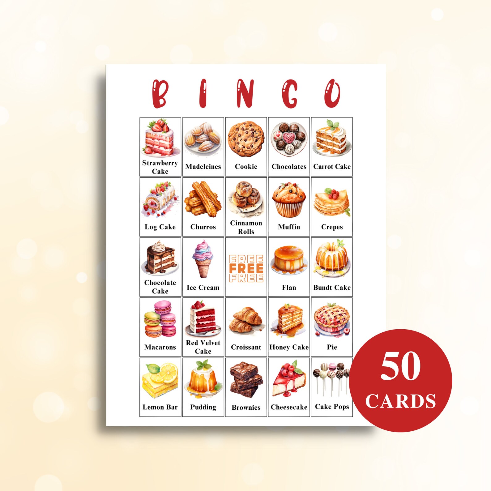 50 Printable Dessert Picture Bingo Cards: US Letter 8.5x11 DOWNLOAD - Etsy