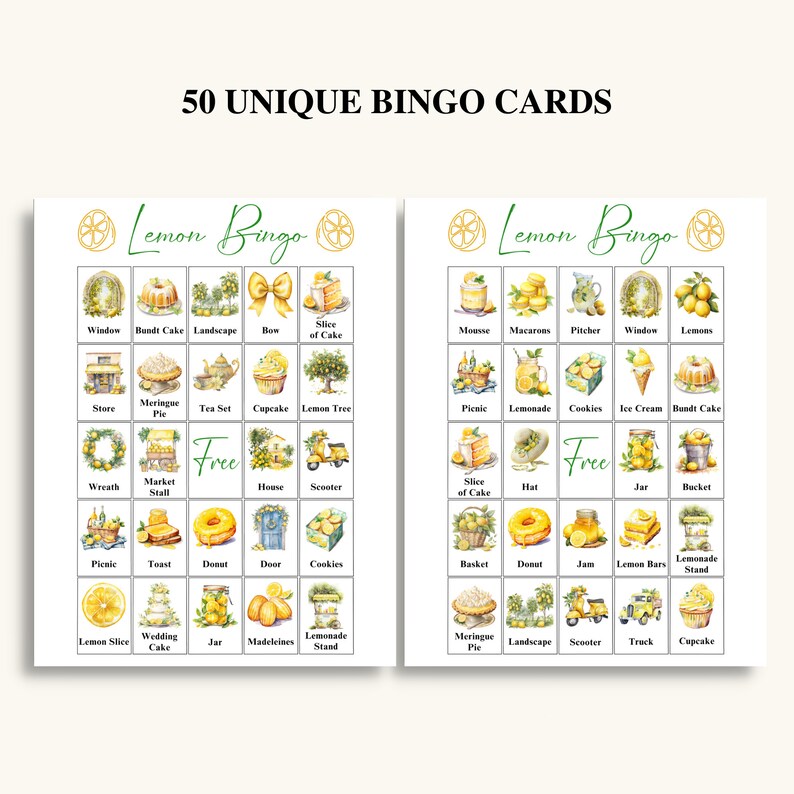 50 Printable Lemon Picture Bingo Cards, Lemon Baby Shower Games, Lemon ...