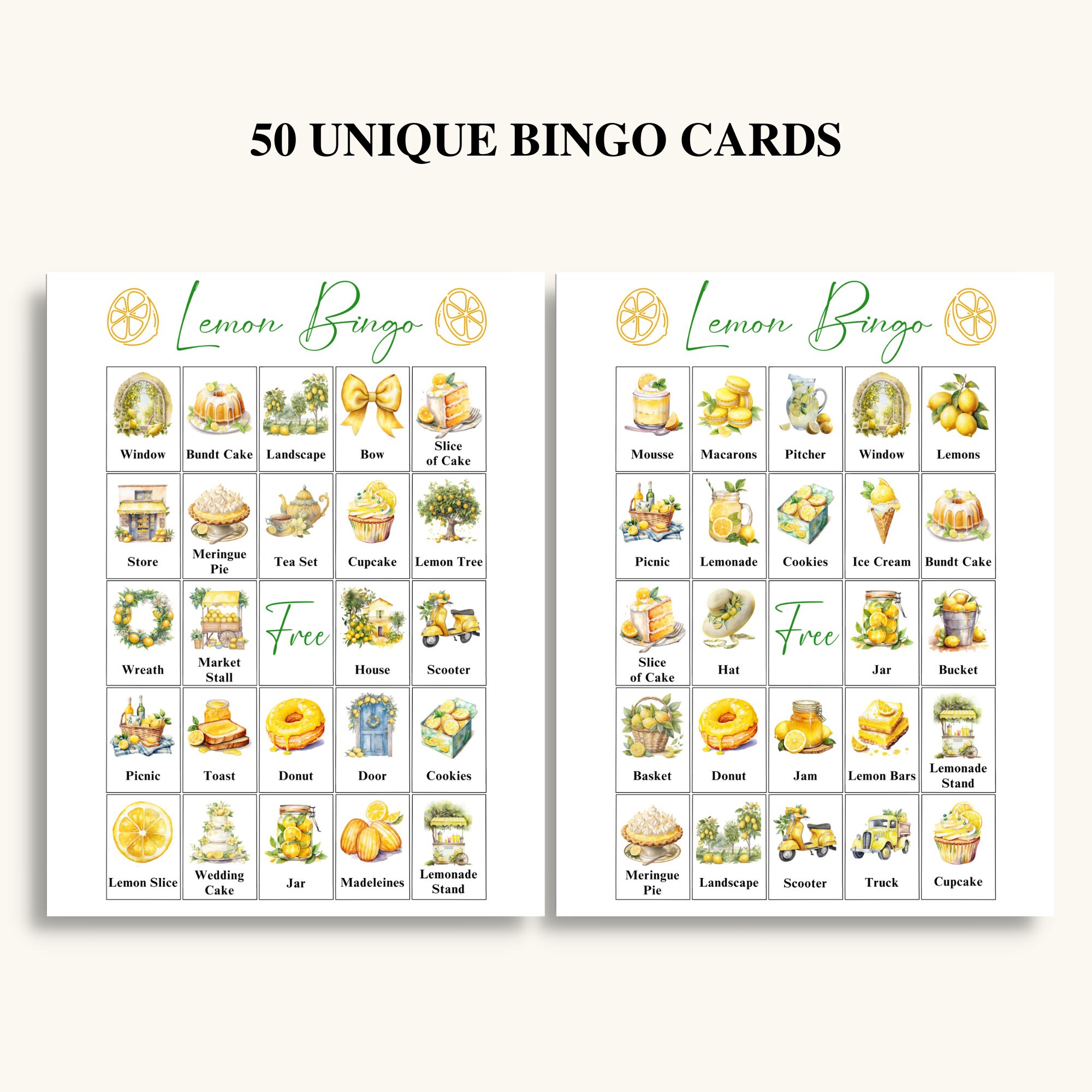 50 Printable Lemon Picture Bingo Cards, Lemon Baby Shower Games, Lemon ...
