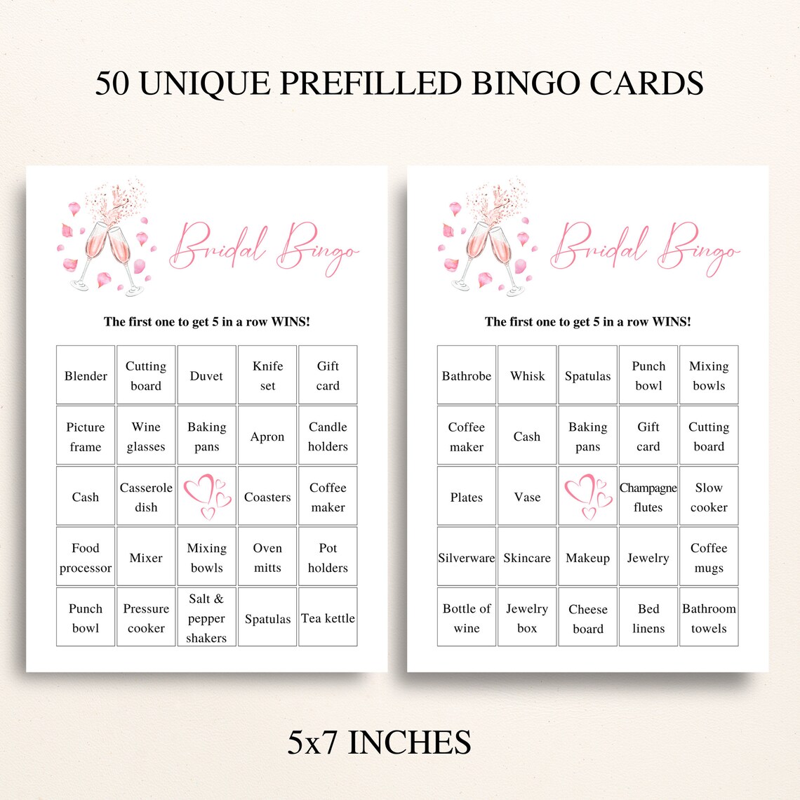 50 Printable Petal and Prosecco Bridal Shower Bingo Cards, Prefilled ...