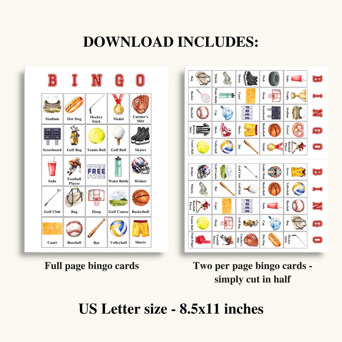 50 Printable Sports Bingo Cards Sports Themed Picture Bingo Birthday ...