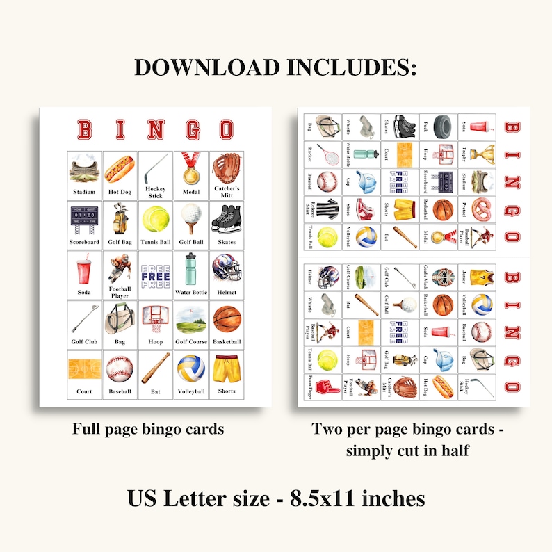 50 Printable Sports Bingo Cards | Sports Themed Picture Bingo ...