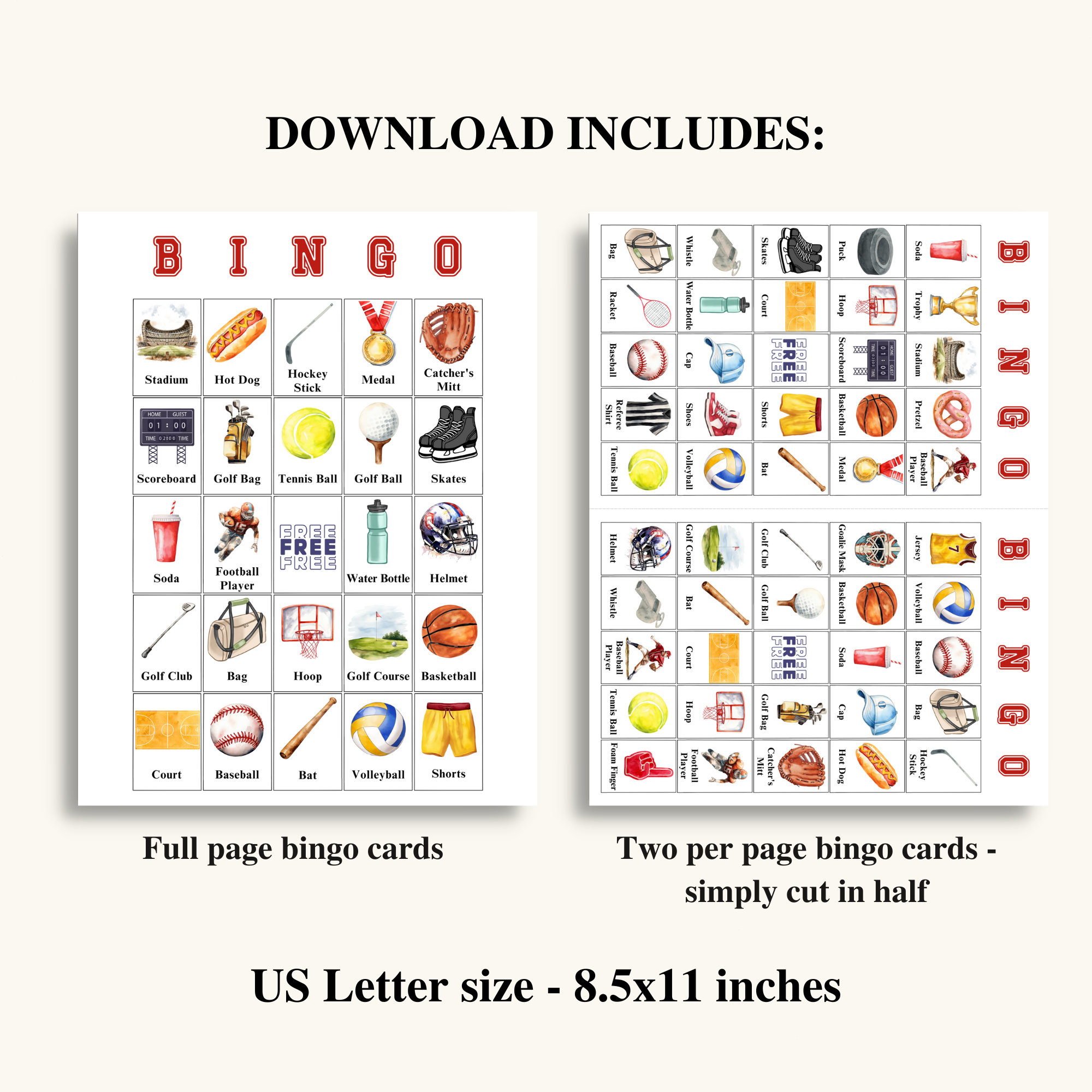 50 Printable Sports Bingo Cards | Sports Themed Picture Bingo ...