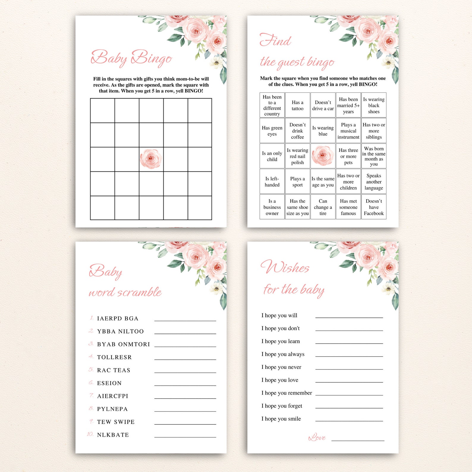16 Printable Floral Baby Shower Games, Blush Pink Baby Shower Game ...