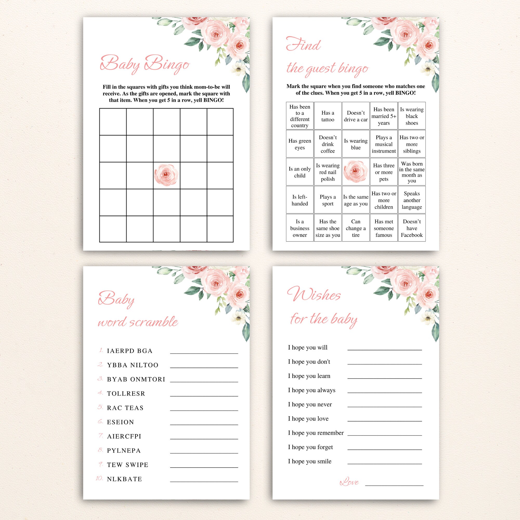 16 Printable Floral Baby Shower Games, Blush Pink Baby Shower Game ...