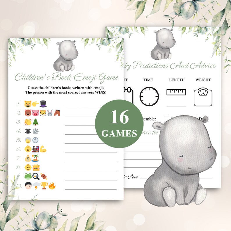 16 Printable Hippo Baby Shower Games | Jungle Baby Shower Game Bundle ...